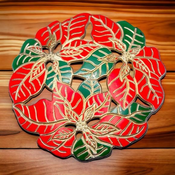 Dining | Vintage Trivet Christmas Poinsettia Silver Plate Enameled Wm ...